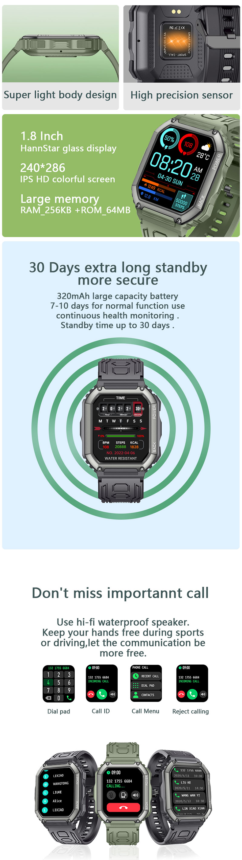 Ceas Smartwatch Sport KR06 pentru barbati, 1.8 INCH, IP68 Waterproof ...