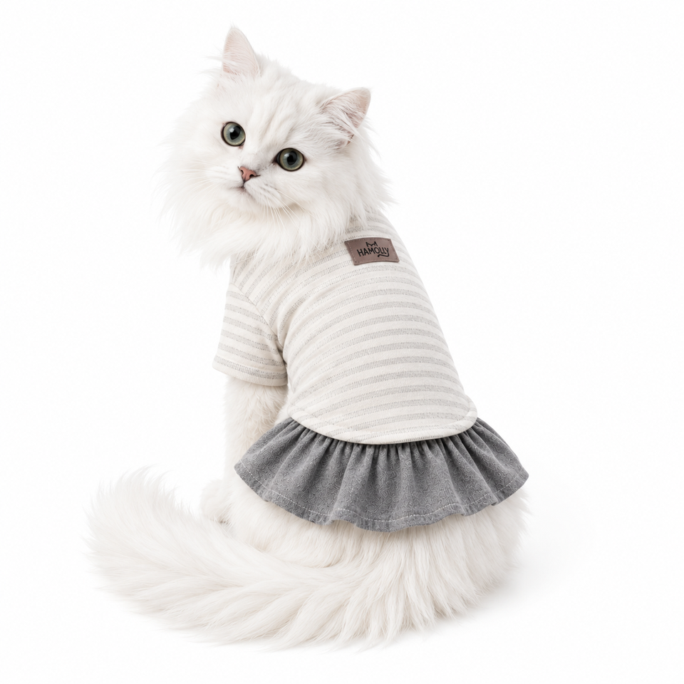 Hamolly Cream Stripe Cat Dress with Grey Ruffle Skirt and Hidden Leash ...