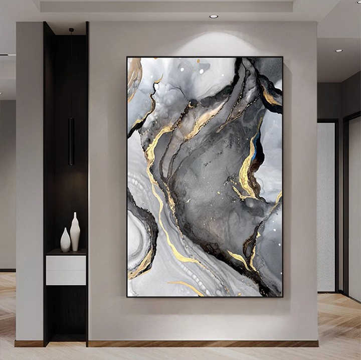 Luxury Abstract Black Gray Gold Fluid Marble Poster Decorative Prints ...