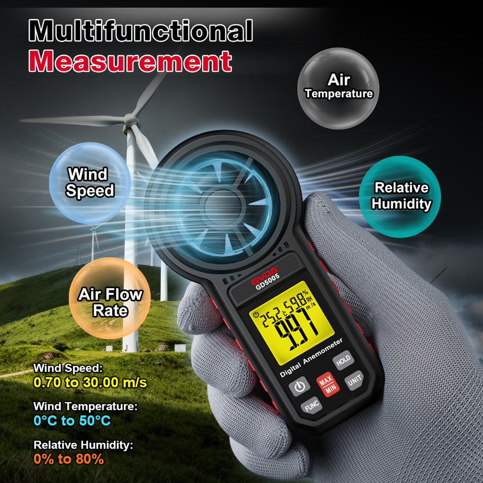GVDA GD5005 Portable Digital Anemometer 8 Blade LCD Display 6 Unit ...