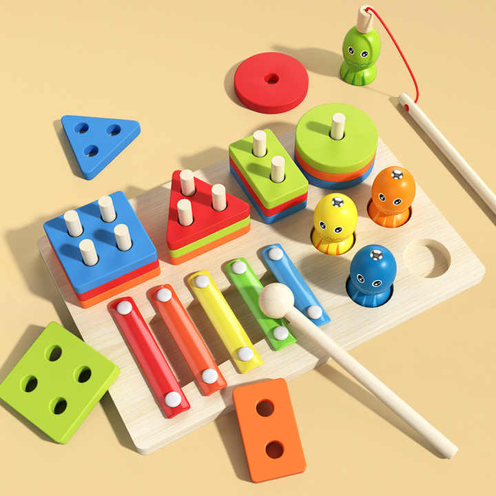 Montessori Children Wooden Shape Matching Xylophone Fishing Board Game ...