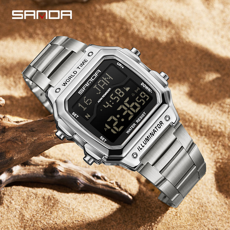 SANDA 2173 Digital World Time Watch - Waterproof Steel Strap Wristwatch ...