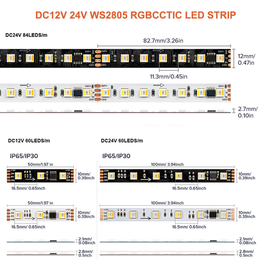 新品 DC24V 12V 5M 60Ledsm 84Ledsm WS2805 像素 RGB CW WW 5合1 4针 SPI RGB CCT ...