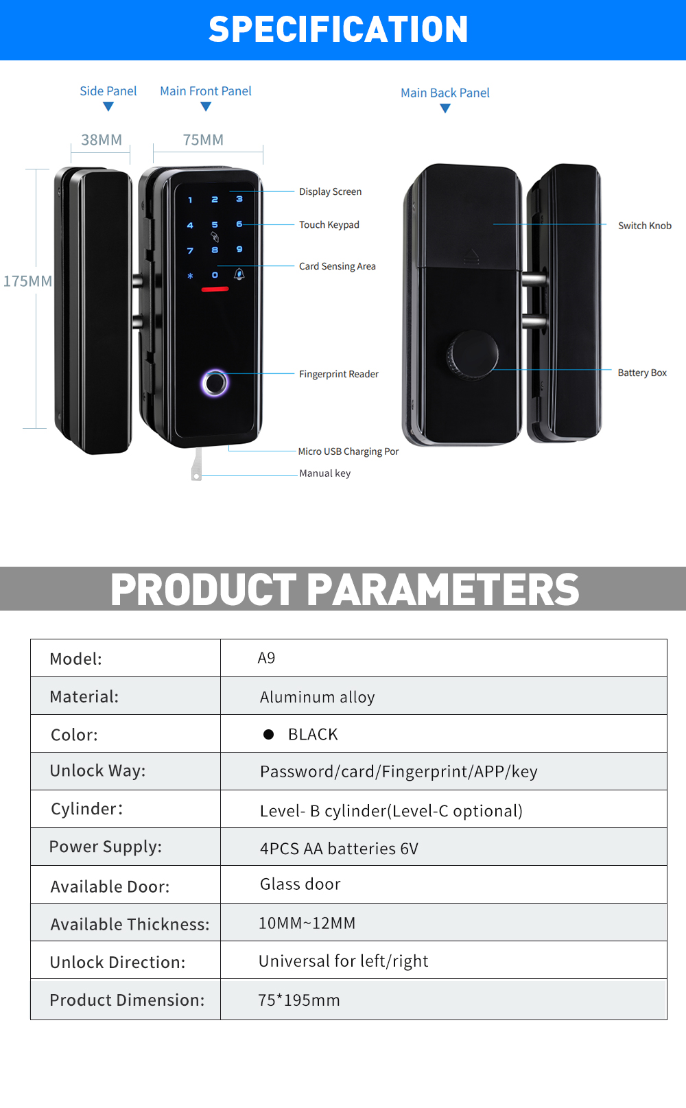 customized_frameless glass door lock doorbell door alarm digital lock ...
