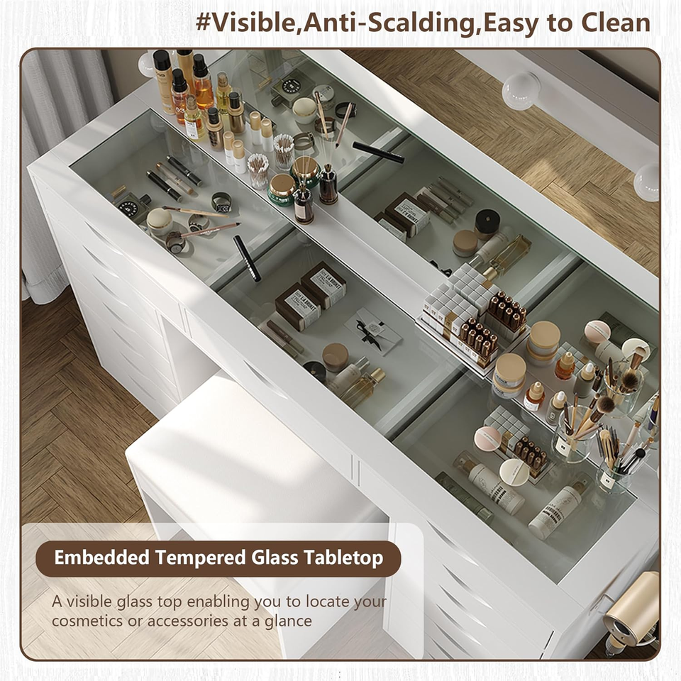 15 Drawers Vanity Desk with Power Outlet Makeup Table with Mirror and ...