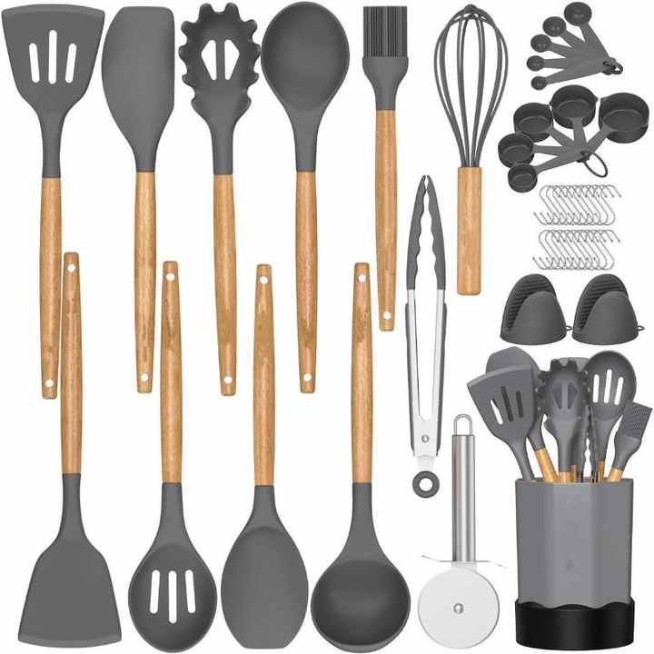Silicone Cooking Tool Set with Wooden Handles Nonstick Kitchen Utensils ...