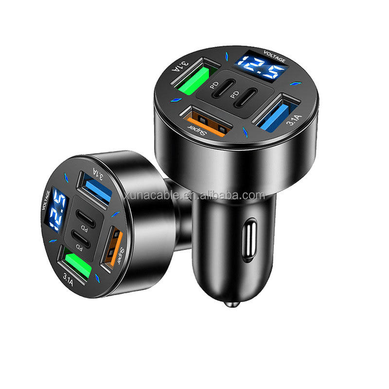 USB Smart Digital Display Car Charger 3 USB Ports + 2 Type-C Ports 5-in ...