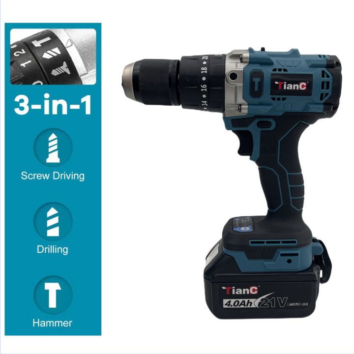 Tianc Portable Cordless Impact Drill Set - 2-Speed Rechargeable Power Tool