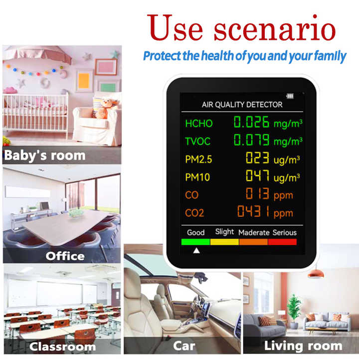 6 in 1 Air Quality Detector - Monitor PM2.5, PM10, HCHO, TVOC, CO2, CO