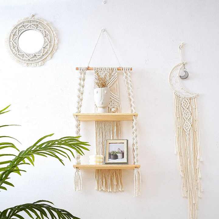 Modern 2-Layer Floating Wall Shelves - Hand-Woven Tapestry