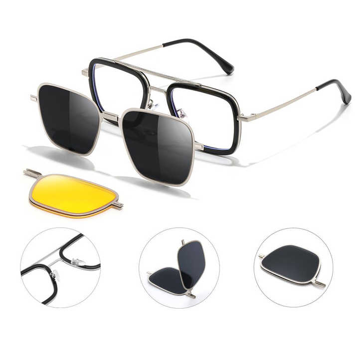 3 in 1 Metal Magnet Eyeglasses Frames - Interchangeable Lenses