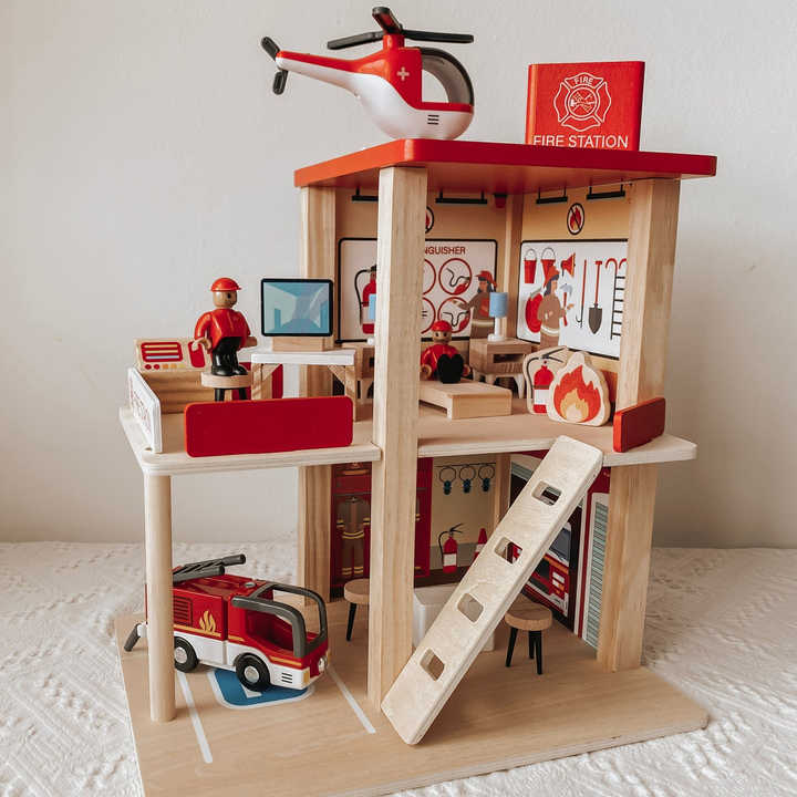 Wooden Fire Station Play Set Multicolor 3-Level Pretend Play Dollhouse ...