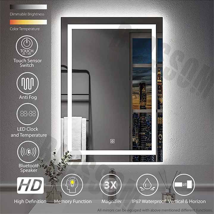 Dimmable Rectangle LED Bathroom Mirror Wall Mounted with Backlit and Front Lighted Features ...
