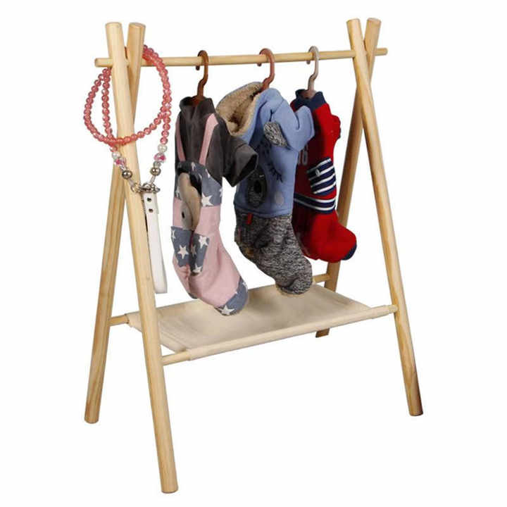 Solid Double Organizer Hanging Standing Wood Shelf Pet Clothes Rack for Dog