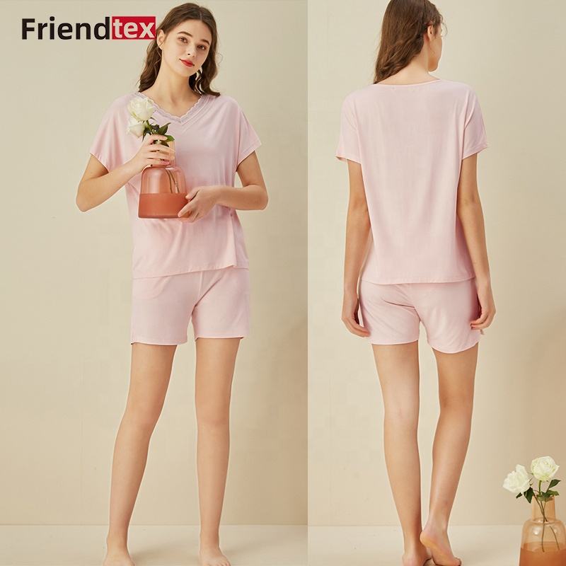 2026 New Arrival Soft Modal Women Pajamas Set Lace V Neck Short Sleeve ...