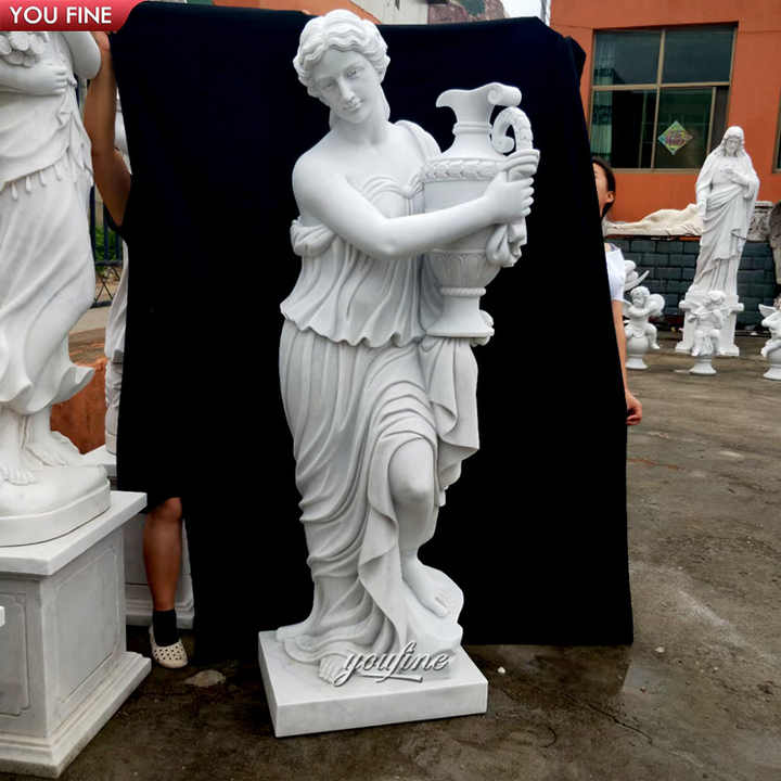 Life Size Marble Lady Statue with Jar - Hand Carved