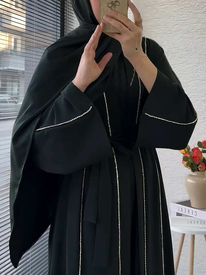 Custom Luxury Rhinestone Trim Tie Belt Muslim Cardigan Outer Robe Abaya ...