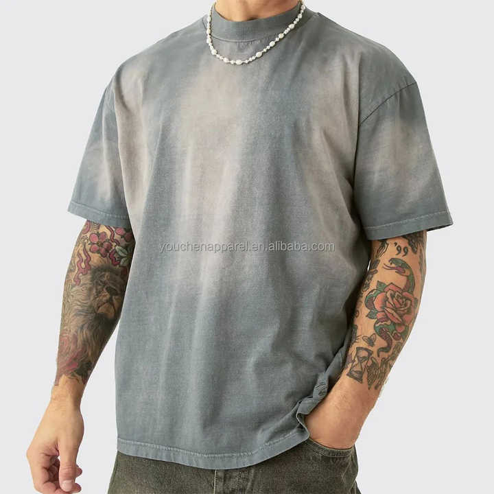Youchen 100% Cotton Acid Wash Cropped T-shirt for Men Heavyweight ...