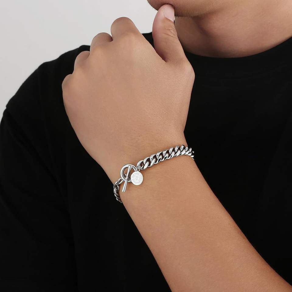 KRKC CO Men's Kihei Chain Mantel Bangle 8mm Surgical Stainless Steel K14 Gold-Plated Natural ...