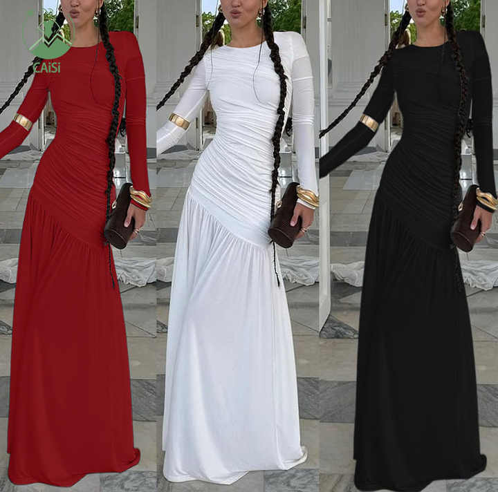 2026 New Fashion Pleated Elegant Dresses Soild Long Sleeve Slim Casual ...