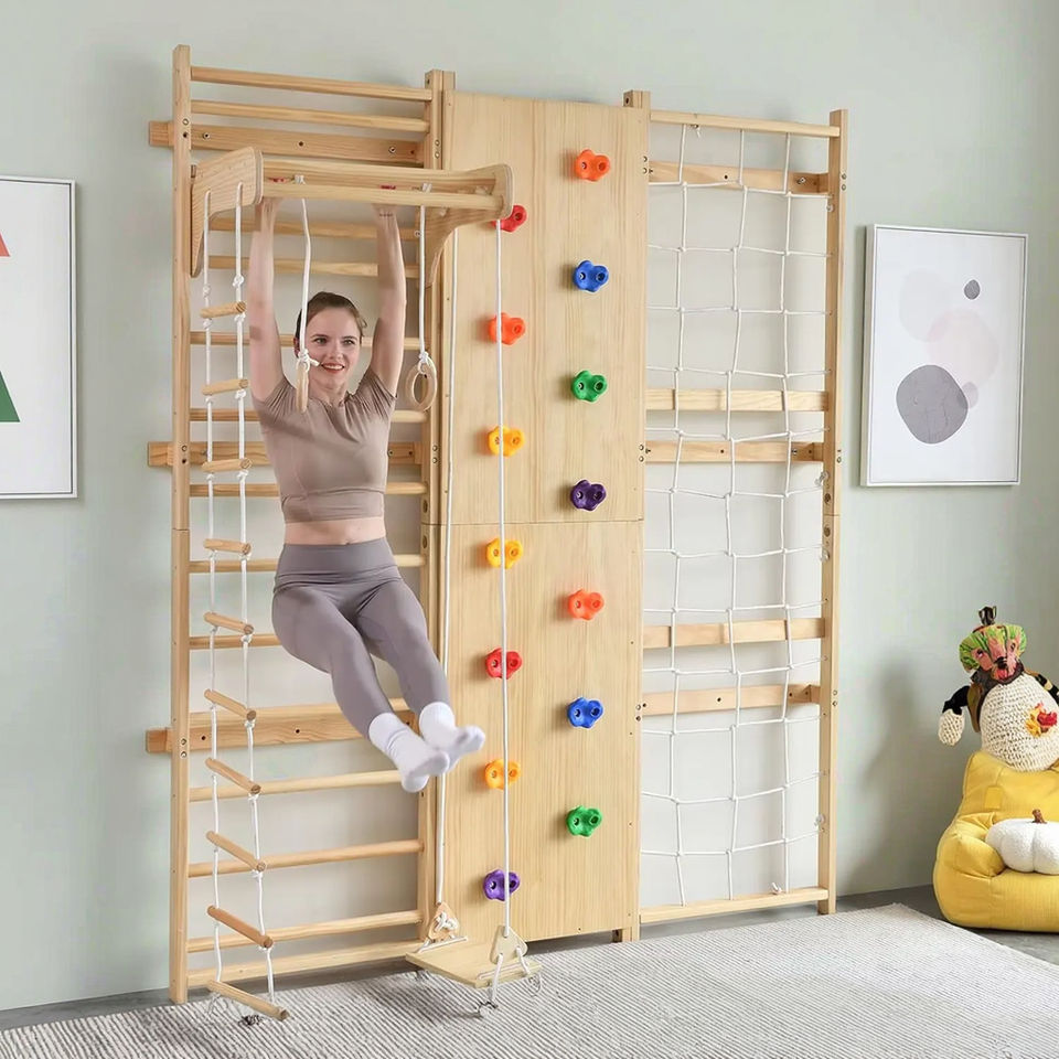 9 in 1 Indoor Playground Climbing Frame Kids Adult Indoor Gym Wood ...