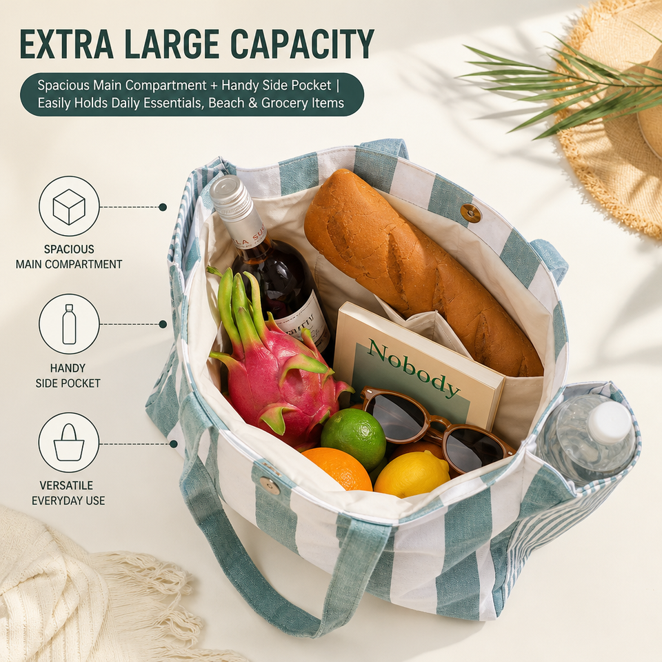 Striped Canvas Tote Long Handle Carry Bag for Shopping and Storage ...