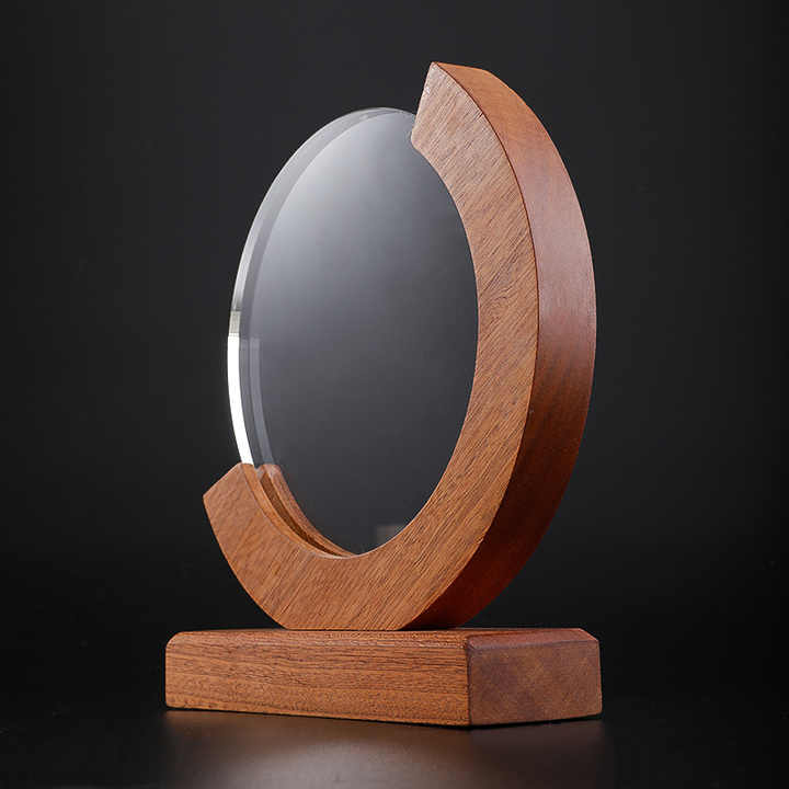 Custom Logo Round Wooden Base Crystal Trophy Award