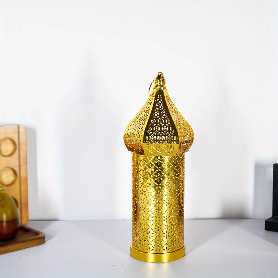 Islamic Gold Metal LED Lantern - Middle Eastern Geometric Cutout Decor ...
