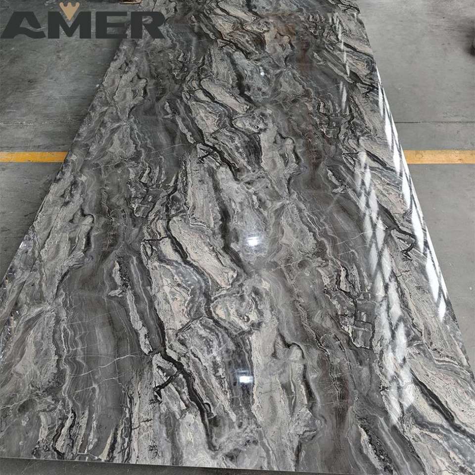 AMER Uv Coated Marble Sheet Pvc Kitchen Cabinets High Gloss Pvc Uv ...