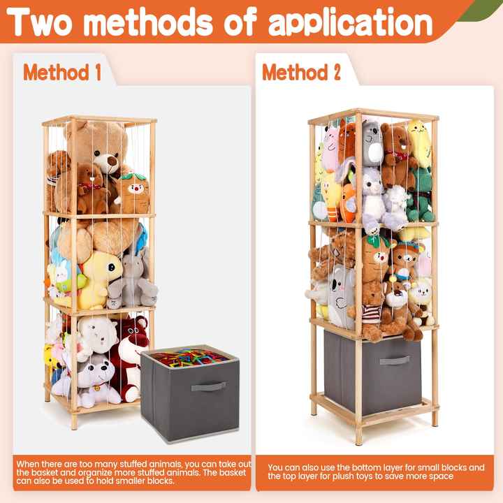 Three-Tier Large Wooden Stuffed Animal Storage Basket Space-Saving ...