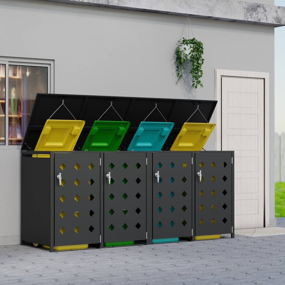 240L Outdoor Bin Cover Galvanized Steel Waste Bin Shed Storage Four Set ...