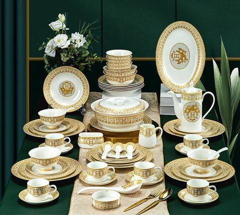 Wholesale European style gold 60pcs bone china dinner set and porcelain ...