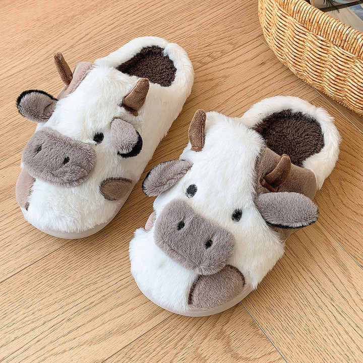 Cartoon Cow Animal Plush Slippers for Kids Custom Plush Milk Cow Slippers Custom Indoor Cow ...