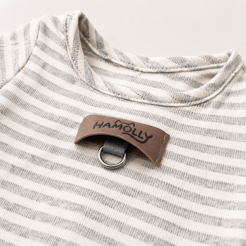 Hamolly Cream Stripe Cat Dress with Grey Ruffle Skirt and Hidden Leash ...