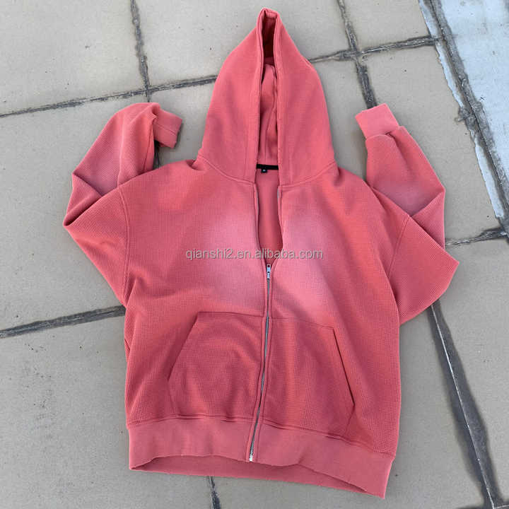 Qianshi 100% Cotton Heavyweight Waffle Distressed Zip up Hoodie 600 Gsm ...