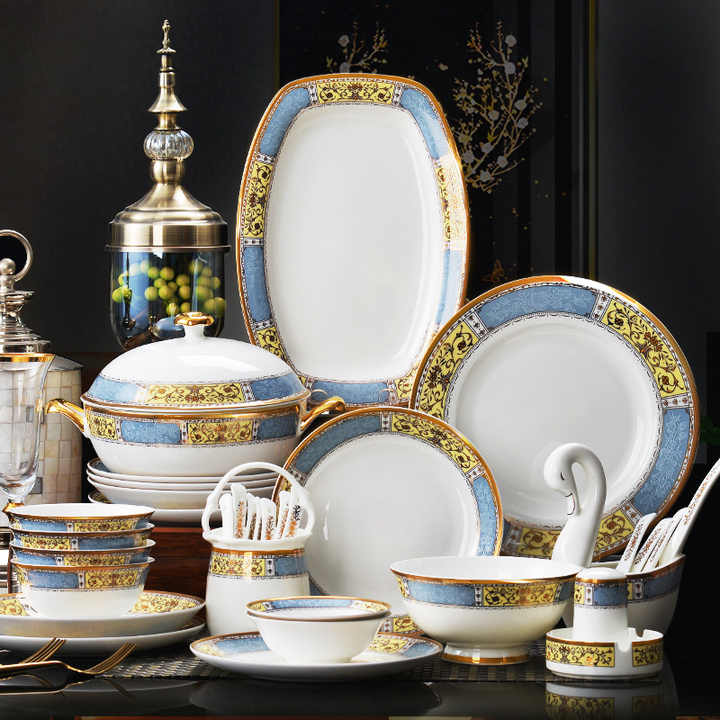 White New Bone China Tableware Set Deluxe Dinner Ceramic Rice Bowl Set ...