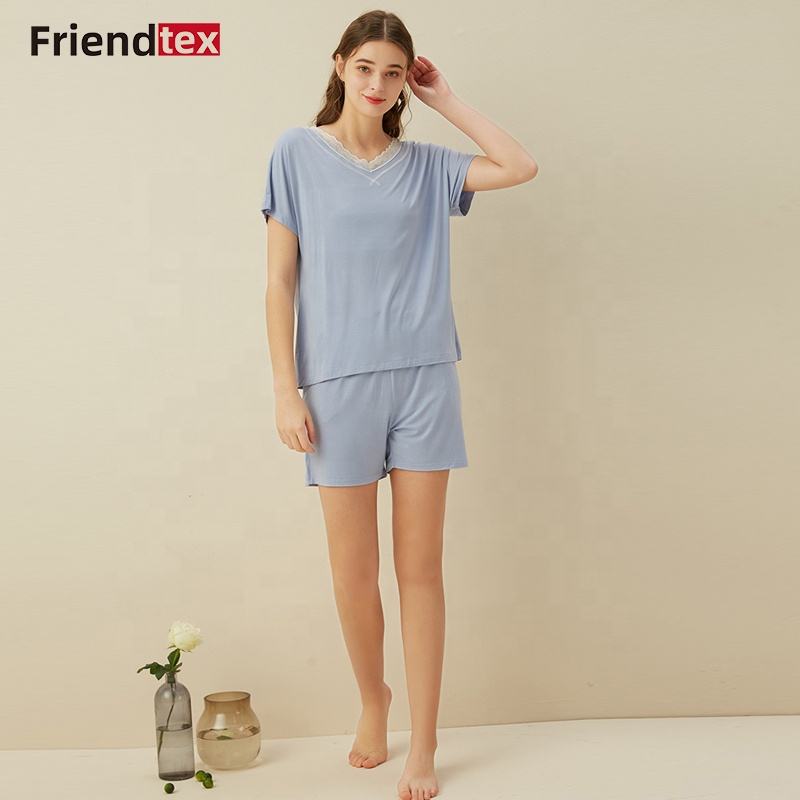 2026 New Arrival Soft Modal Women Pajamas Set Lace V Neck Short Sleeve ...