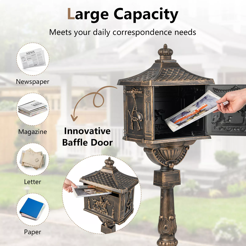 Heavy Duty Free Standing Cast Aluminum Mailbox Black Security Postal ...