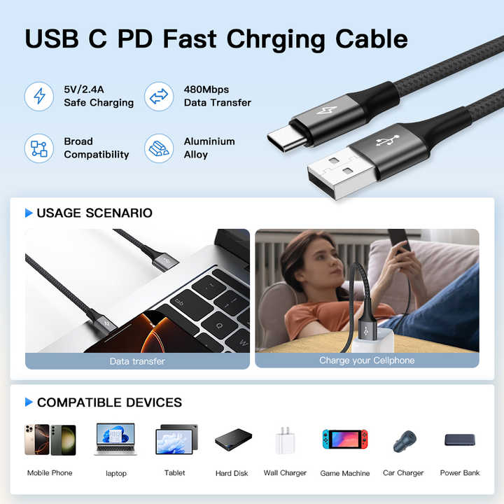 UNIEAN Wholesale 2M 3M 5V 2A USB a to C Data Transfer Cable 2.0 Type C Usb Fast Charging Cable ...
