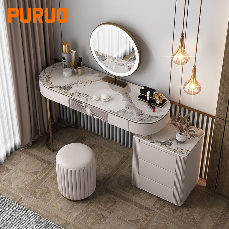 Puruo White Wood Gold Stainless Steel MDF Mirror Dresser
