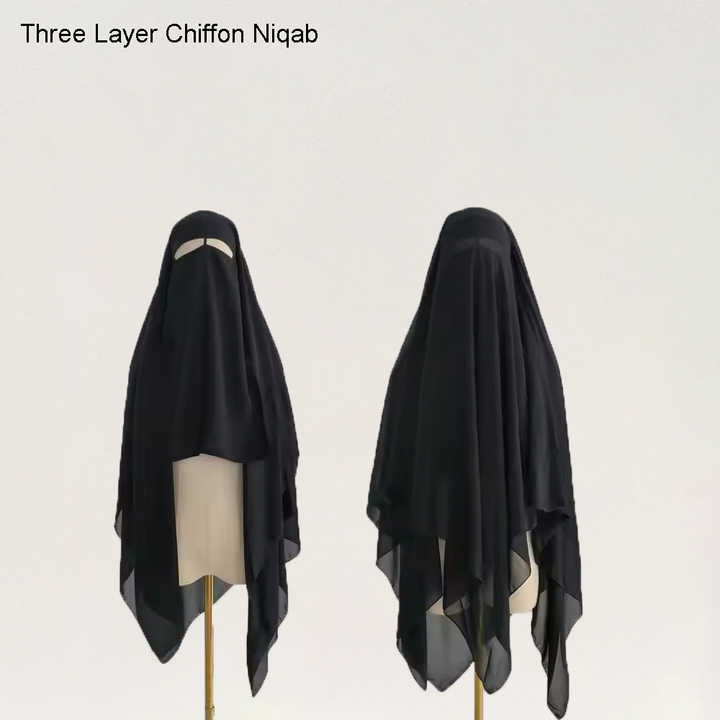 Black 3-Layer Chiffon Niqab with Nose Strings for Women | ODM