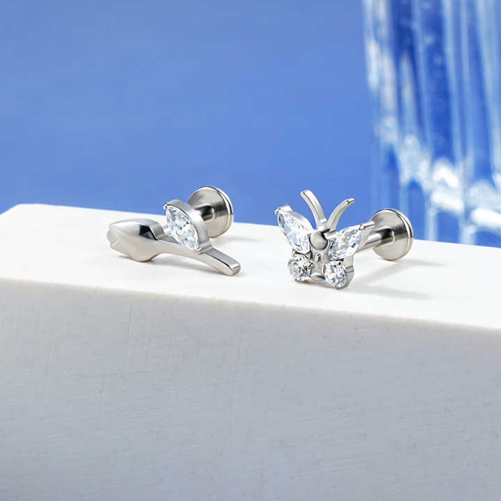 Toposh ASTM F136 G23 Zircon Butterfly Flowers Rock Threadless Push in ...