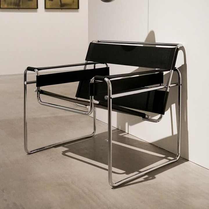 Modern simple strap chair with arm Steel tube chair living room metal ...