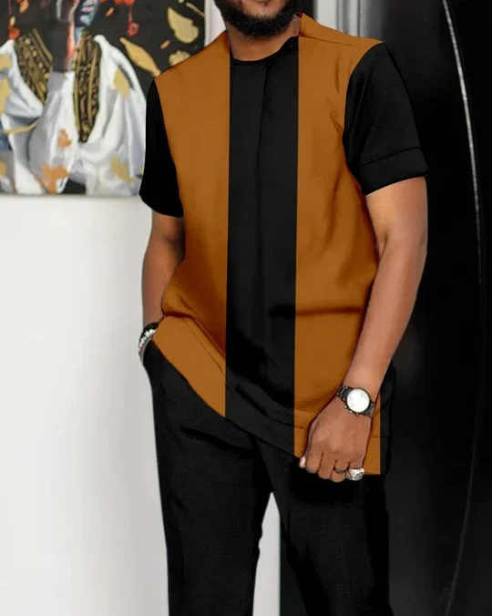 Men'S Colorblock Print Short Sleeve Sports Walking Suit Clothes Men Set ...