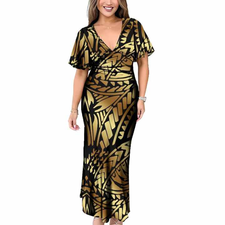 Drop Shipping Customized Golden Black Polynesian Tribal Deep V Neck ...