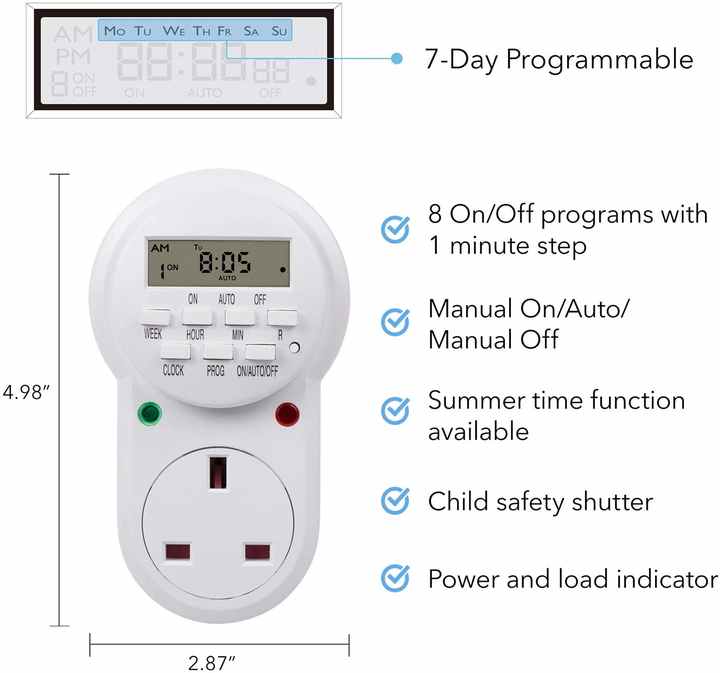 ROEY Weekly Programmable Electronic Timer with LCD Display 24 Hours/7 Day Digital Mains Plug-in ...