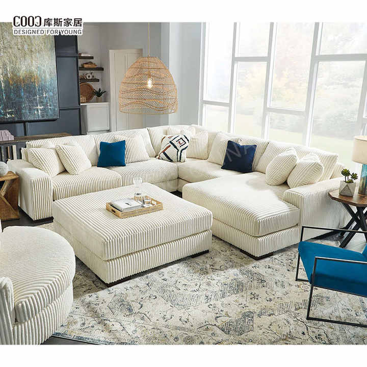White Comfy Oversized Fluffy Corduroy Sectional Sofa