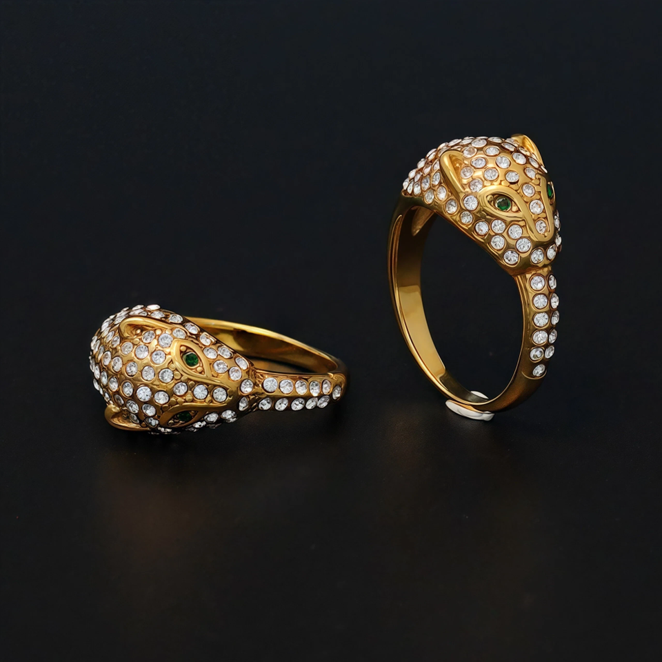 Women's Fashion Ring Leopard Head Design Green Gemstone Eyes Rhinestone ...