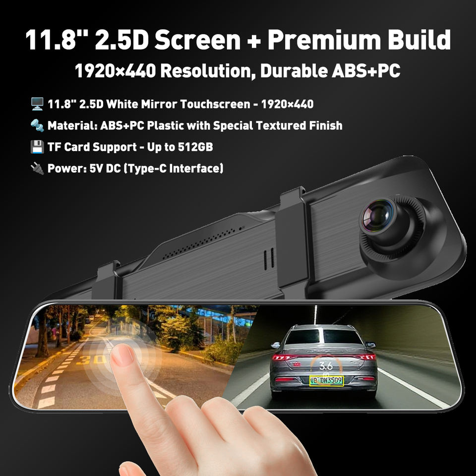 12" Touch Screen Dual Camera Rearview Mirror Dash Camera HD 1440P Car ...