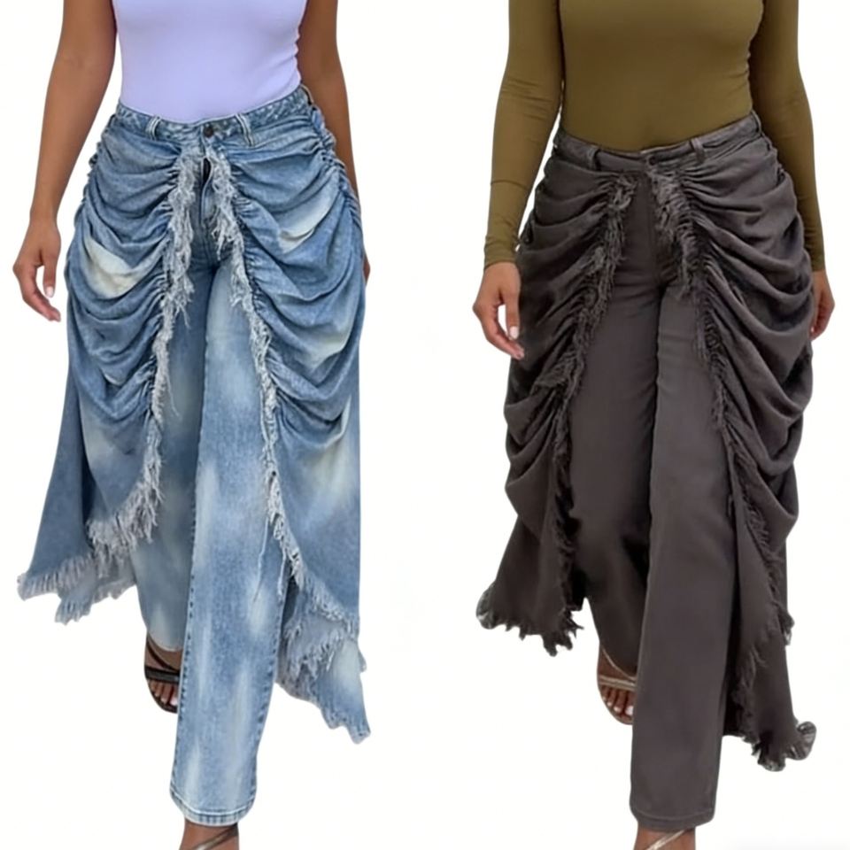 Women's Ruched Fringe Denim Pants - High-Waisted Wide-Leg Distressed ...